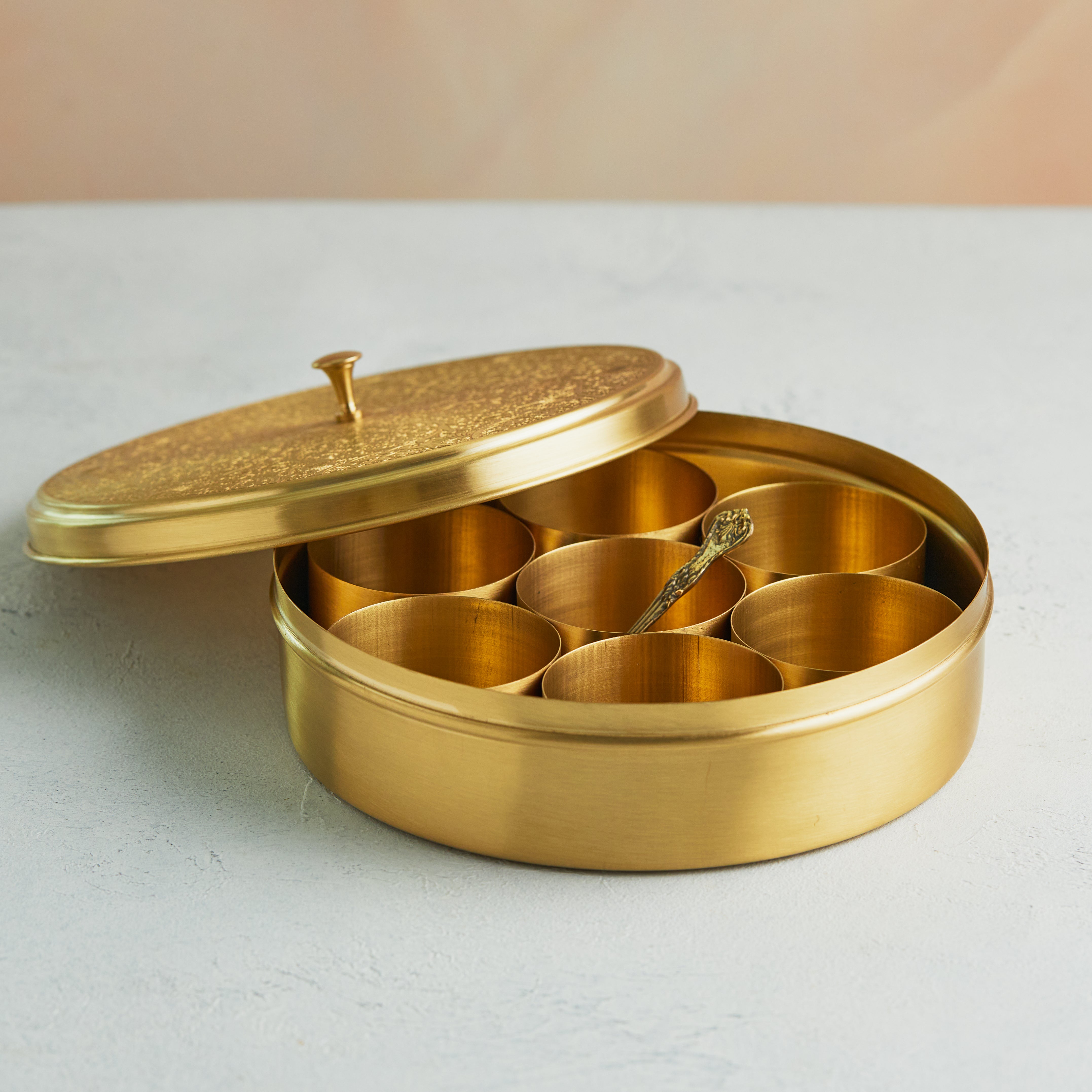 Handcrafted Pure Brass Masala Spice Box Embossed Design 8.5 Inches ...